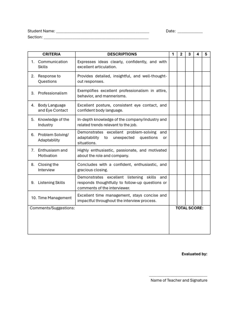 Rubrics - Mock Job Interview | PDF