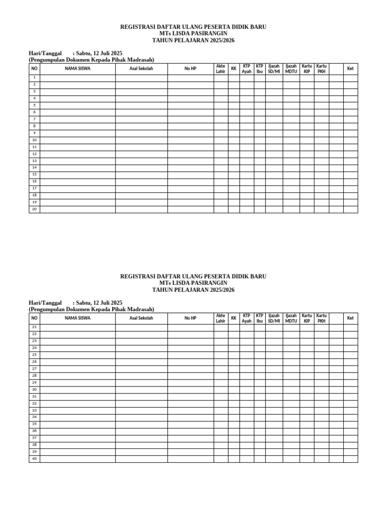 Registrasi Daftar Ulang & Dokumen Persyaratan Siswa Baru 2025-2026 | PDF