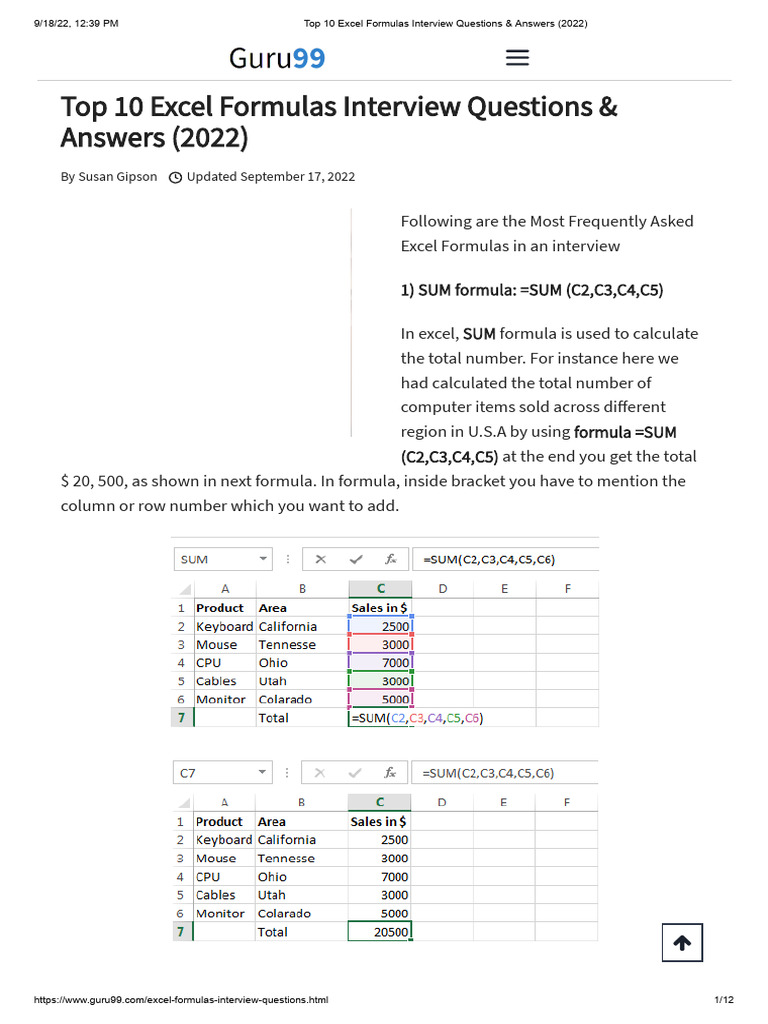 Top Excel Formulas for Interviews | PDF | Microsoft Excel | Integer ...