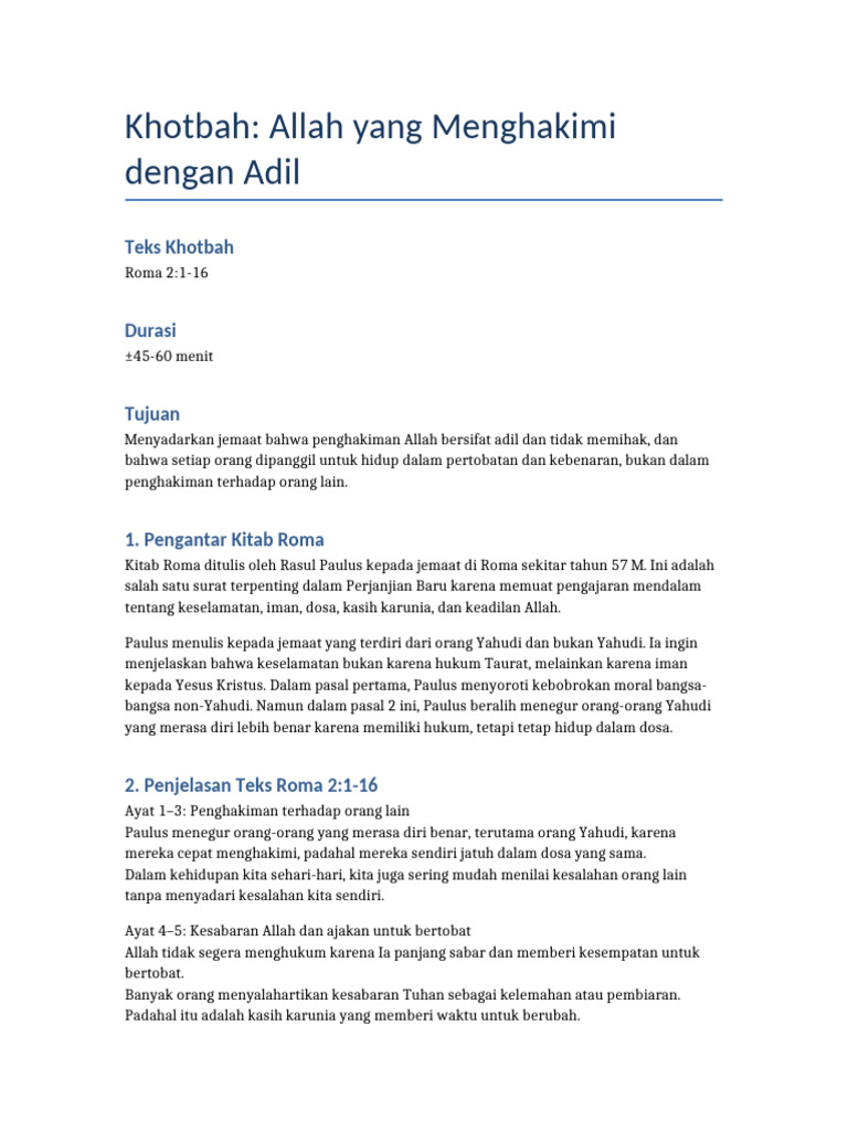 Khotbah Roma 2 1 16 Dengan Lembar Renungan | PDF