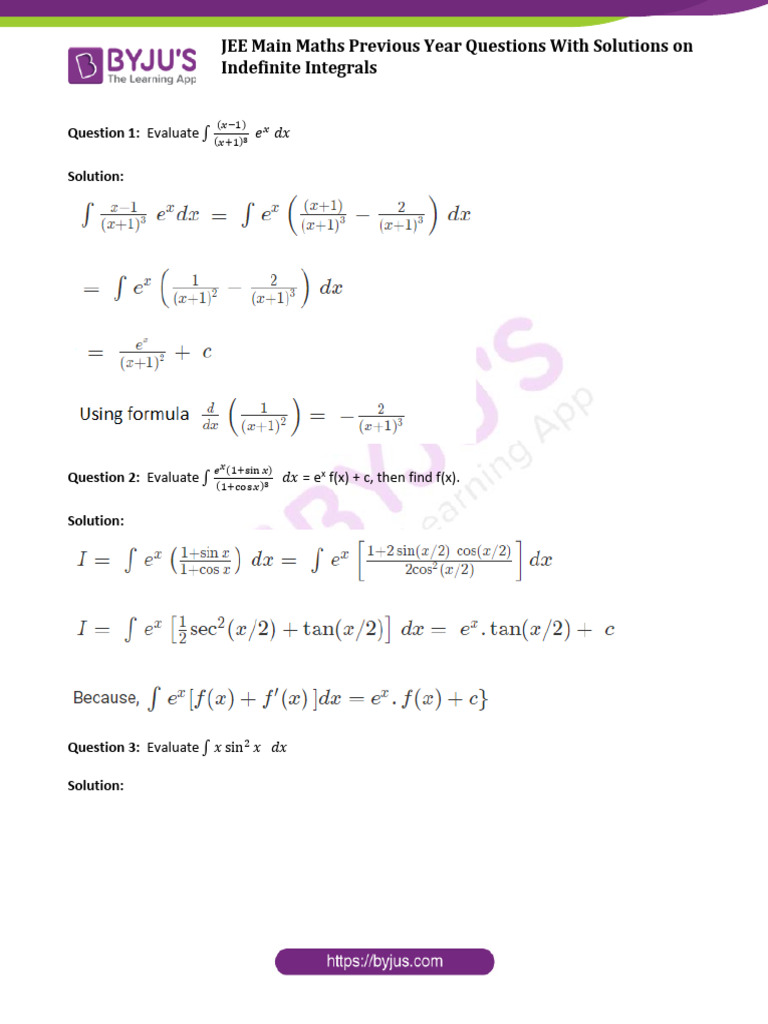 JEE Main Indefinite Integration PYQs | PDF