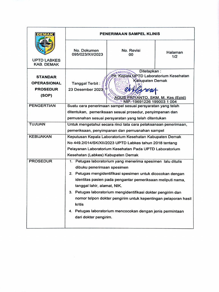 SOP Penerimaan Sampel Klinis | PDF