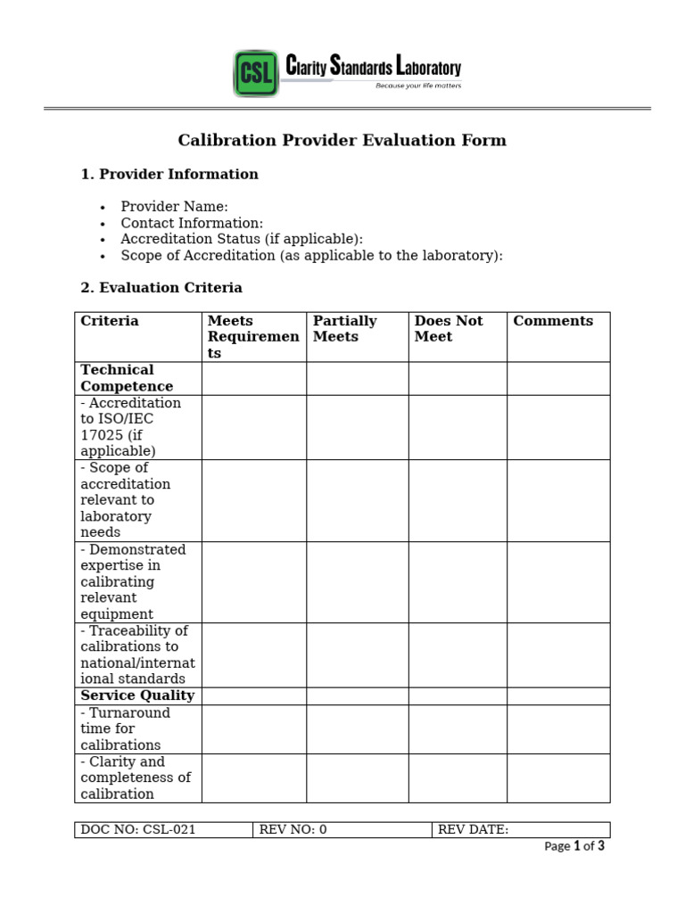 Calibration Provider Evaluation Form | PDF