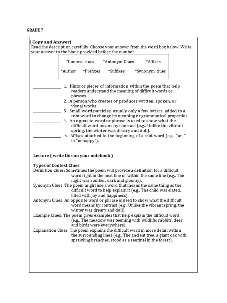 GRADE 7 Types of Context Clues | PDF