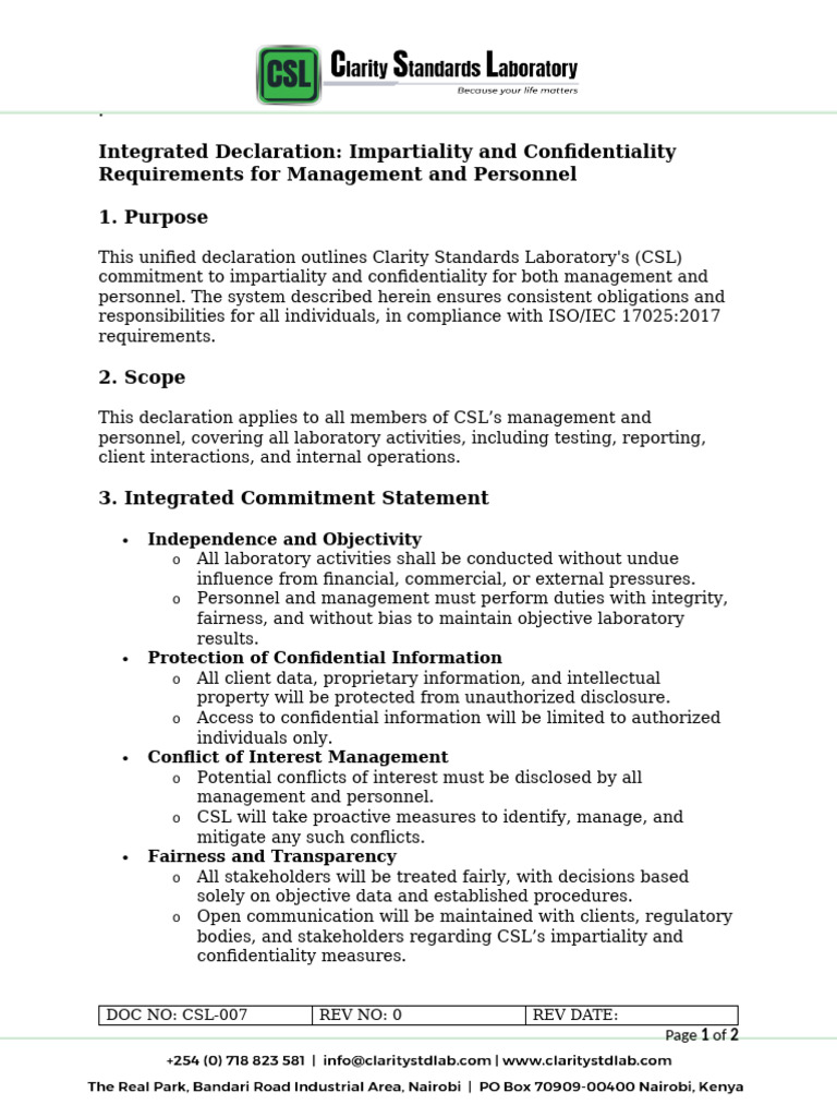CSL Impartiality and Confidentiality Declaration | PDF | Conflict Of ...