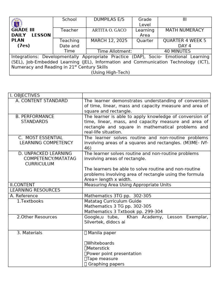 Grade 3 Lesson Plan Math q4 w5 d4 | PDF | Learning | Area