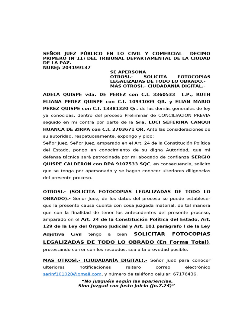 Solicitud de Fotocopias Legalizadas en Proceso Civil | PDF
