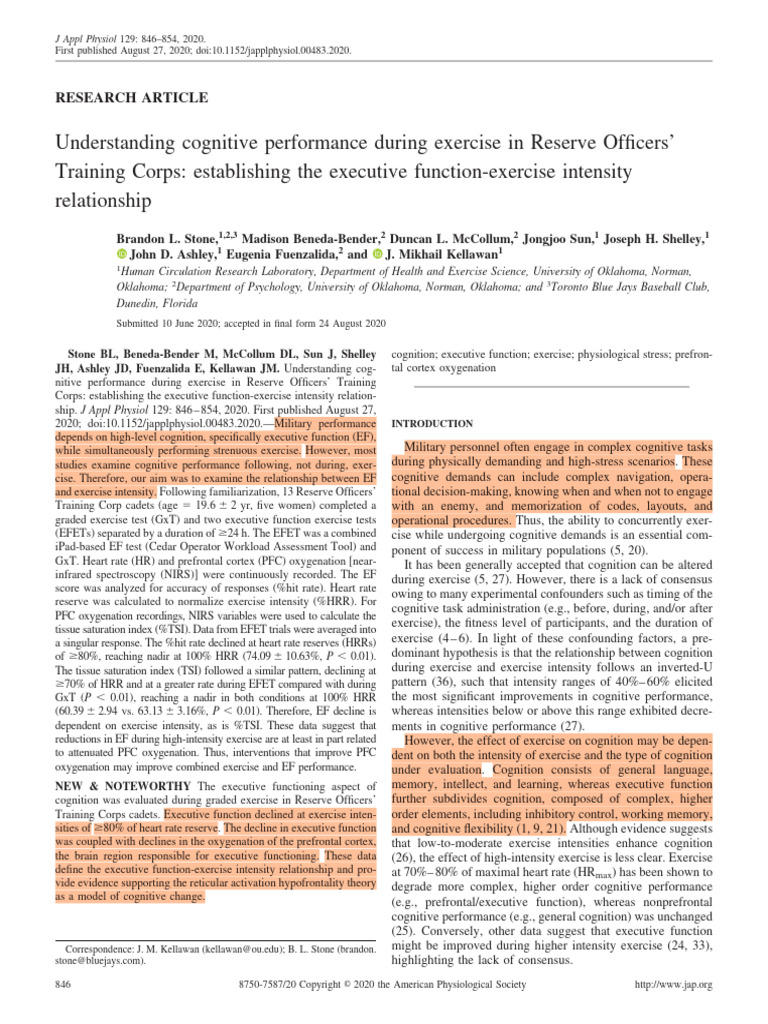 Understanding Cognitive Performance During Exercise in Reserve of Cers ...