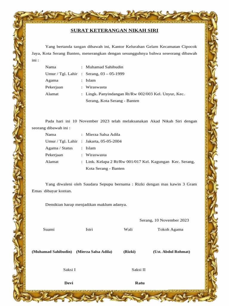 Surat Keterangan Nikah Siri 2023 | PDF
