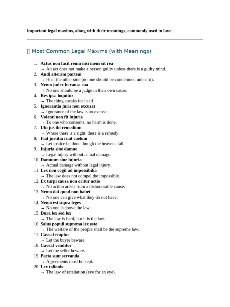 Key Legal Maxims and Their Meanings | PDF | Rules | Legal Concepts