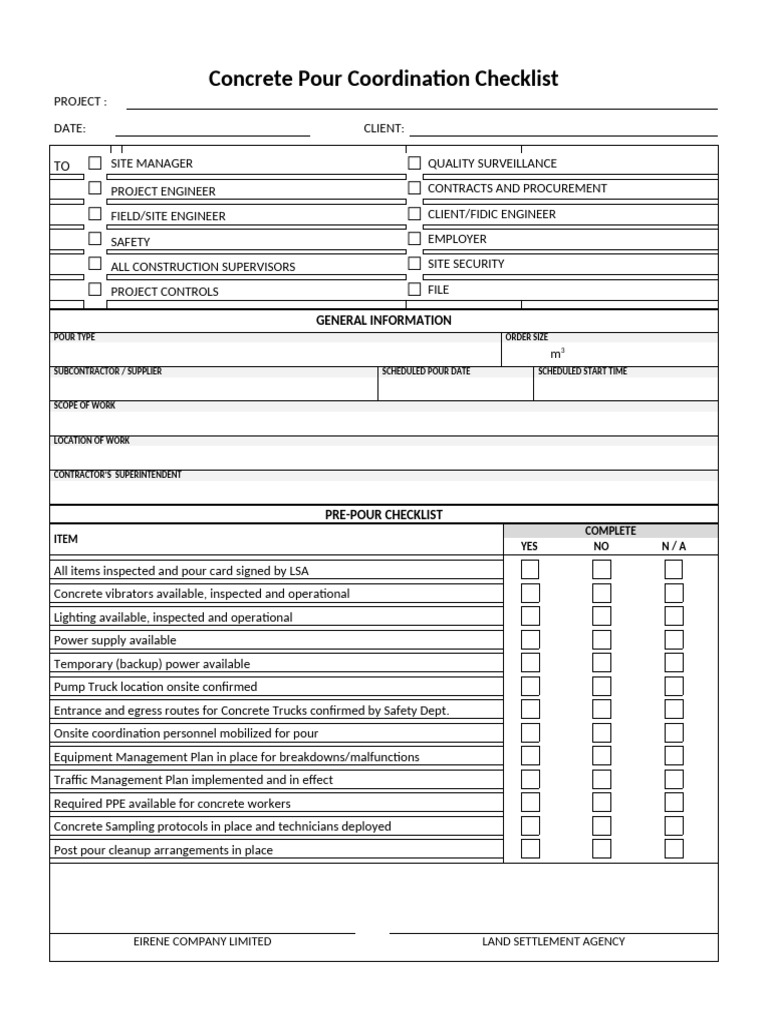 Concrete Pour Coordination Checklist | PDF