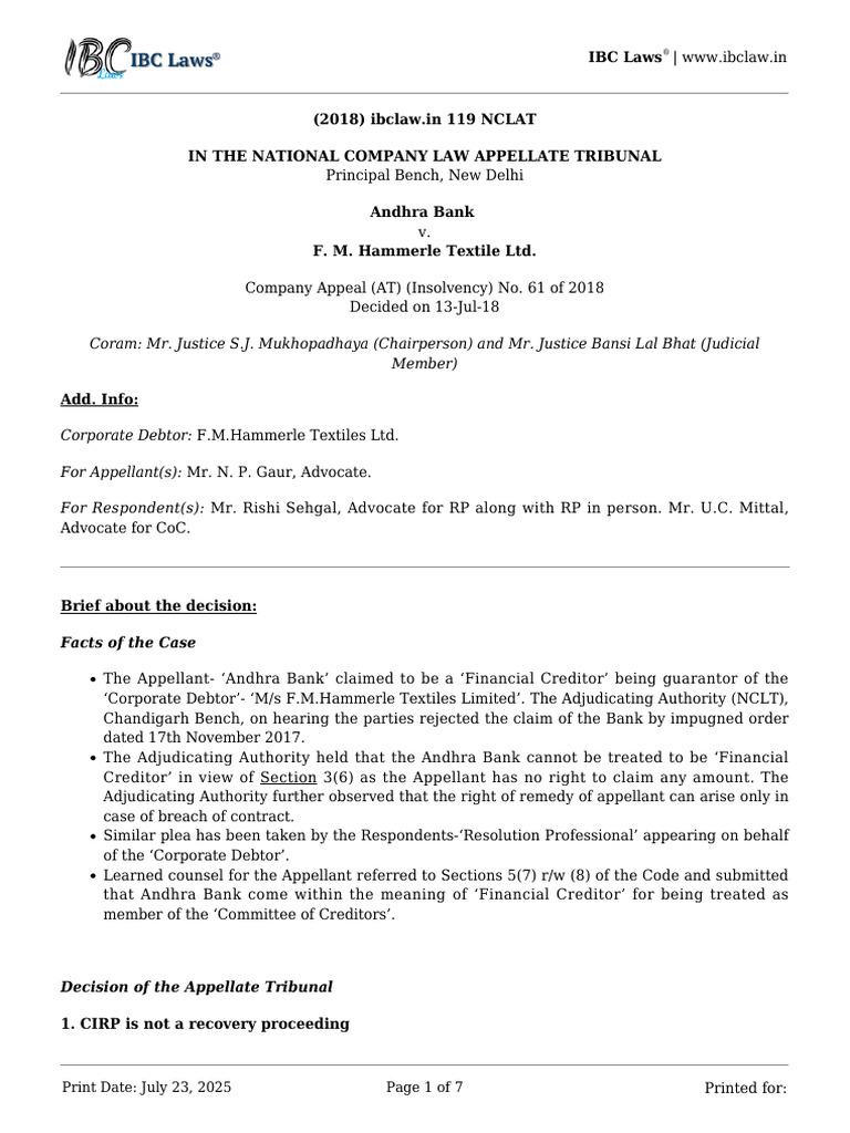 Andhra Bank Vs M S F M Hammerle Textile LTD Nclat | PDF | Bankruptcy ...