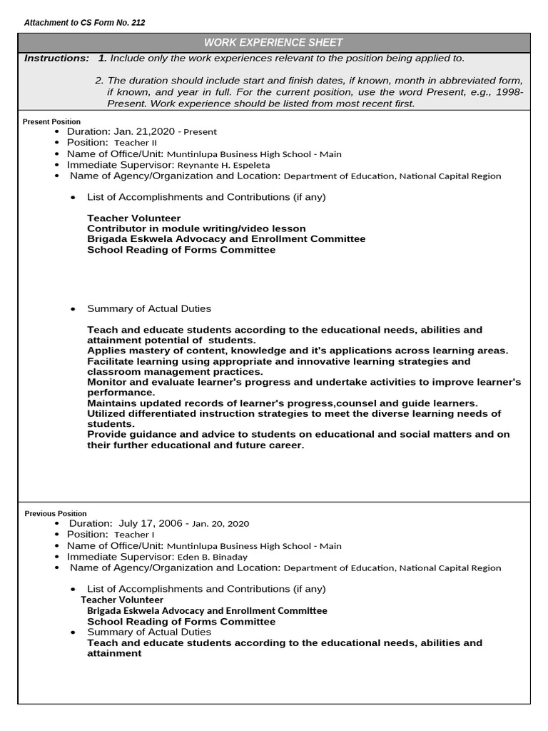 Teacher Work Experience Sheet Sample | PDF | Learning | Teachers