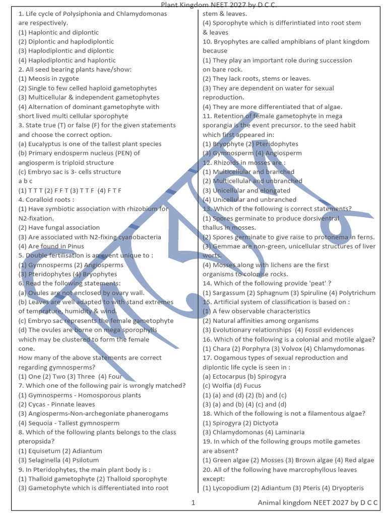 Plant Kingdom MCQs for NEET 2027 | PDF | Biological Processes | Plant ...