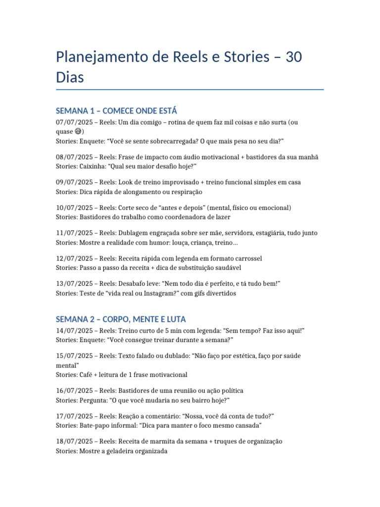 Planejamento de Reels e Stories para 30 Dias | PDF