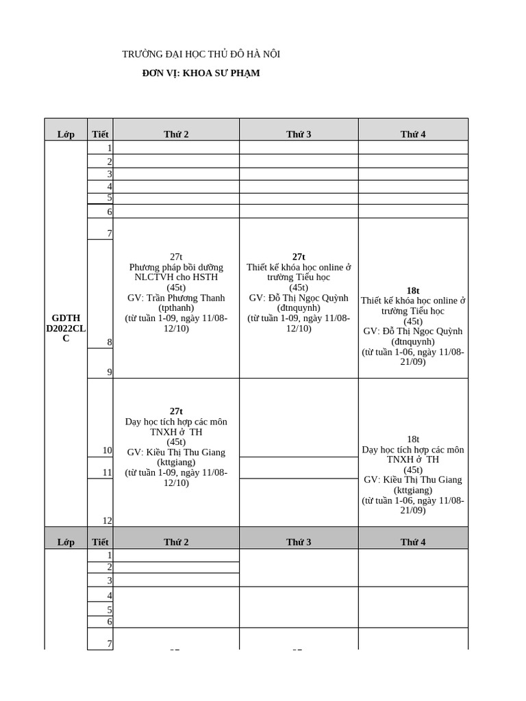 TKB Môn Riêng GDTH HK1 25 26 | PDF