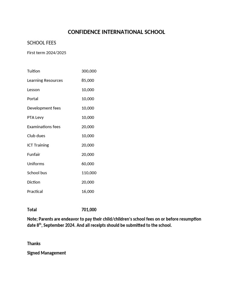 Confidence International School Fees 2024/25 | PDF