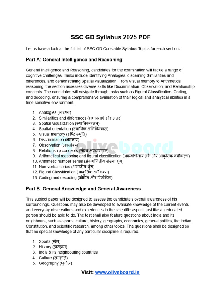 SSC GD Constable Syllabus 2025 Overview | PDF | Reason | Arithmetic