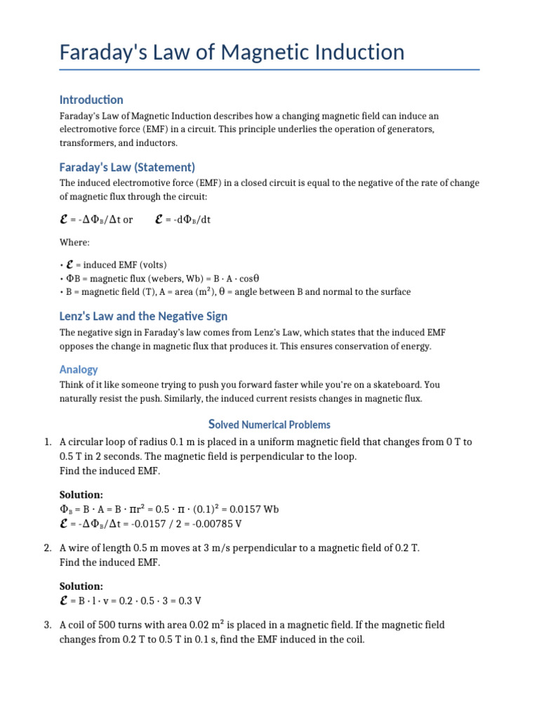Faraday and Lenz Law With Numericals | PDF | Electromagnetic Induction ...