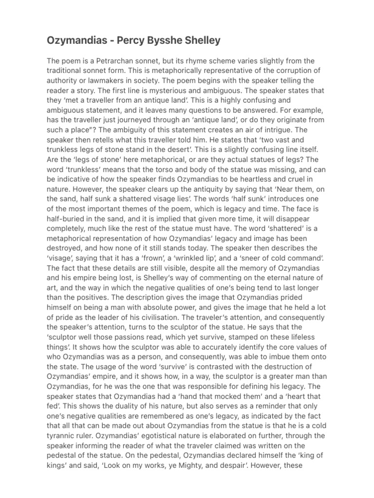 Ozymandias - Percy Bysshe Shelley | PDF | Sonnets | Stanzaic Form
