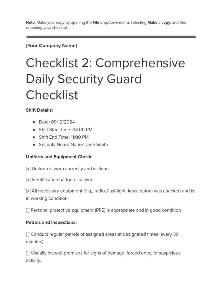 Checklist 2 - Comprehensive Daily Security Guard Checklist | PDF ...