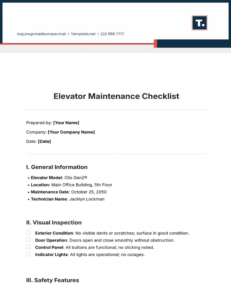 Elevator Maintenance Checklist Template | PDF