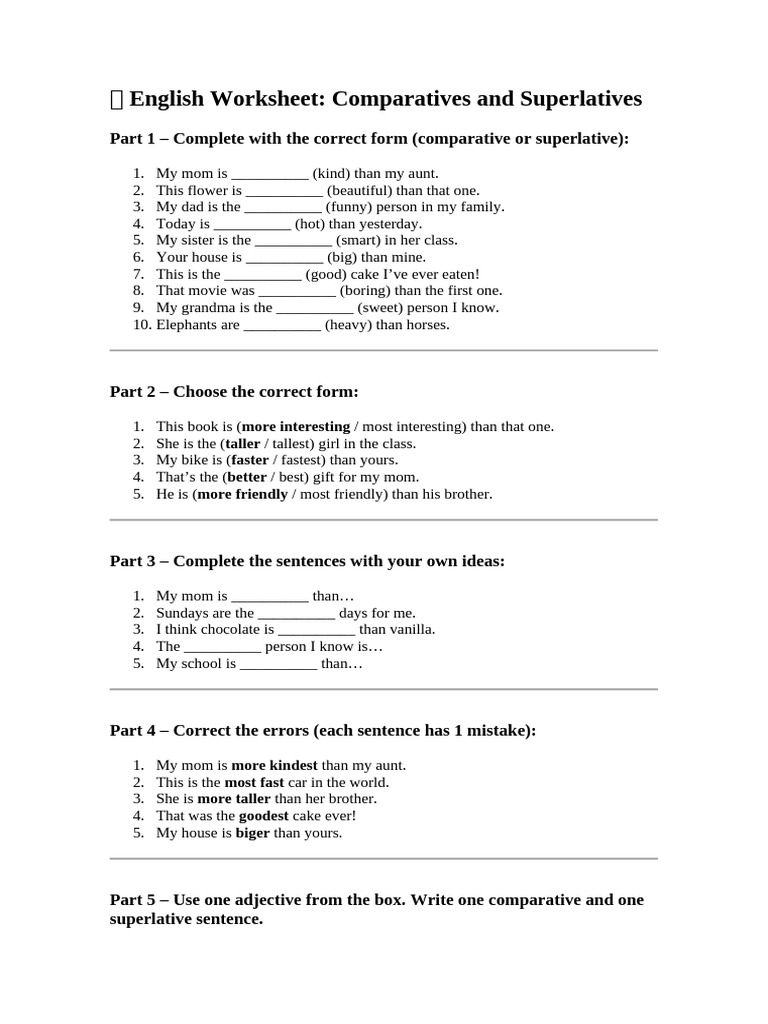 English Worksheet: Comparatives & Superlatives | PDF
