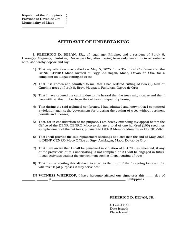 Affidavit of Undertaking for Tree Cutting | PDF | Civil Law (Common Law ...
