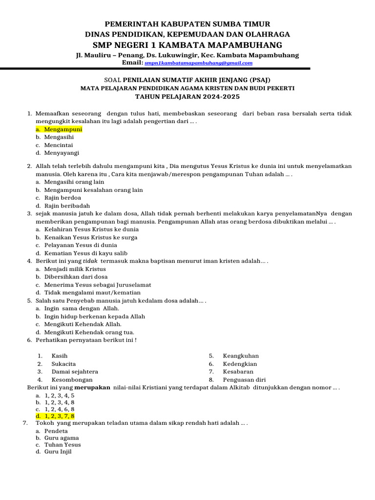 2025 Soal Psaj Agama Kristen | PDF