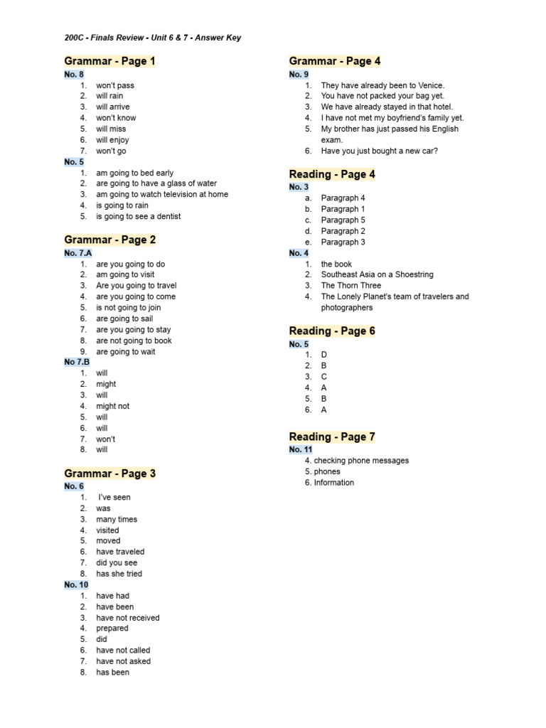 Finals Review 200C - Unit 6 & 7 - Answer Key WITHOUT LISTENING - VOCAB ...