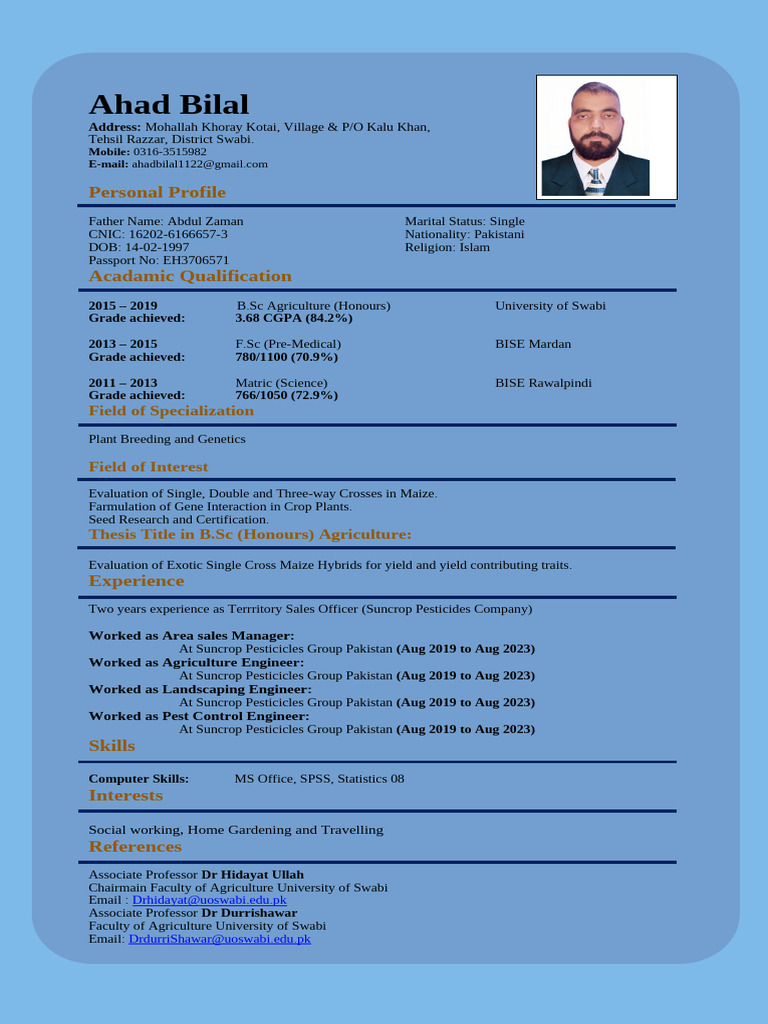 Ahad Bilal's Agricultural Profile | PDF