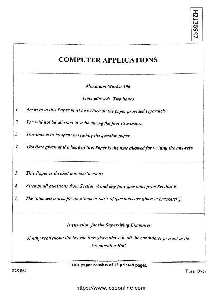 Icse Class 10 Computer Applications t25 861 2025 | PDF