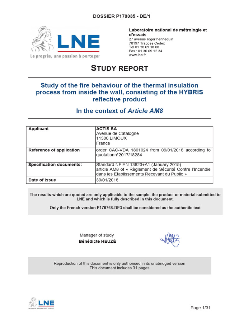 HYBRIS FIRE TEST Report EN 13823 | PDF | Drywall | Thermocouple