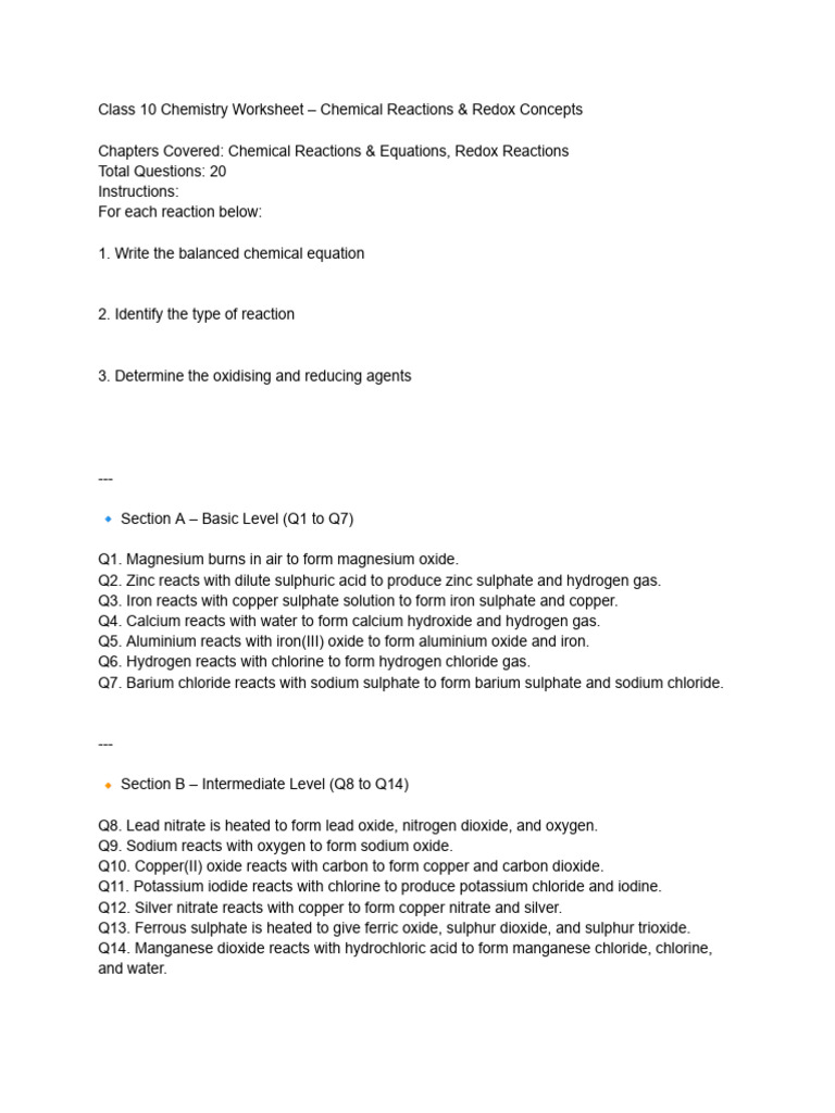 Class 10 Chemistry: Redox Reactions Worksheet | PDF