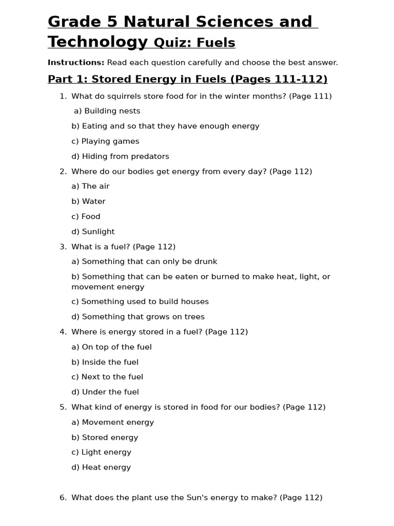 Grade 5 Quiz on Fuels and Energy | PDF | Fuels | Candle