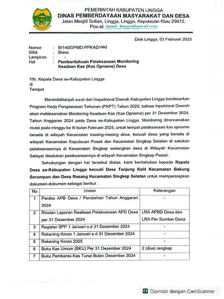 Pemberitahuan Pelaksanaan Monitoring Keadaan Kas (Kas Opname) Desa | PDF