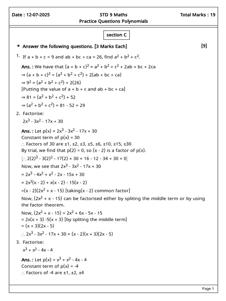 9 Math Polynomials Practice Questions - Solution | PDF | Factorization | Abstract Algebra