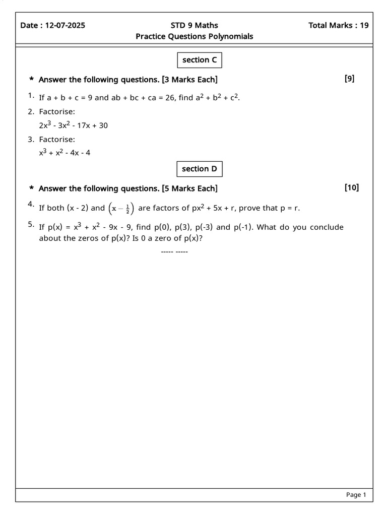 9 Math Polynomials Practice Questions | PDF