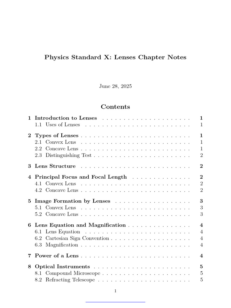 Kerala SSLC Physics Chapter 2 Lenses - Class Notes | PDF | Optics | Lenses