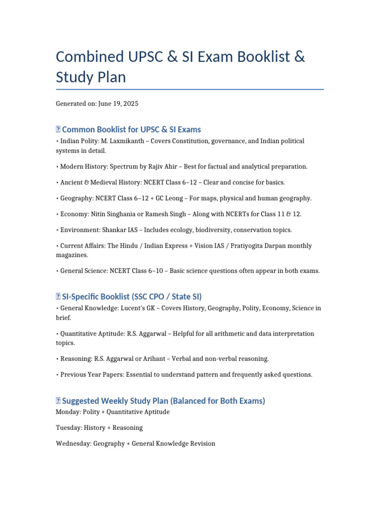 UPSC SI Booklist and Plan | PDF