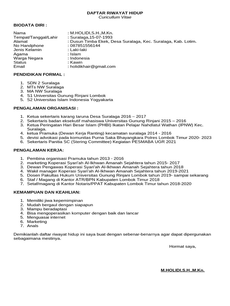 DAFTAR RIWAYAT HIDUP CV HOLIDI | PDF