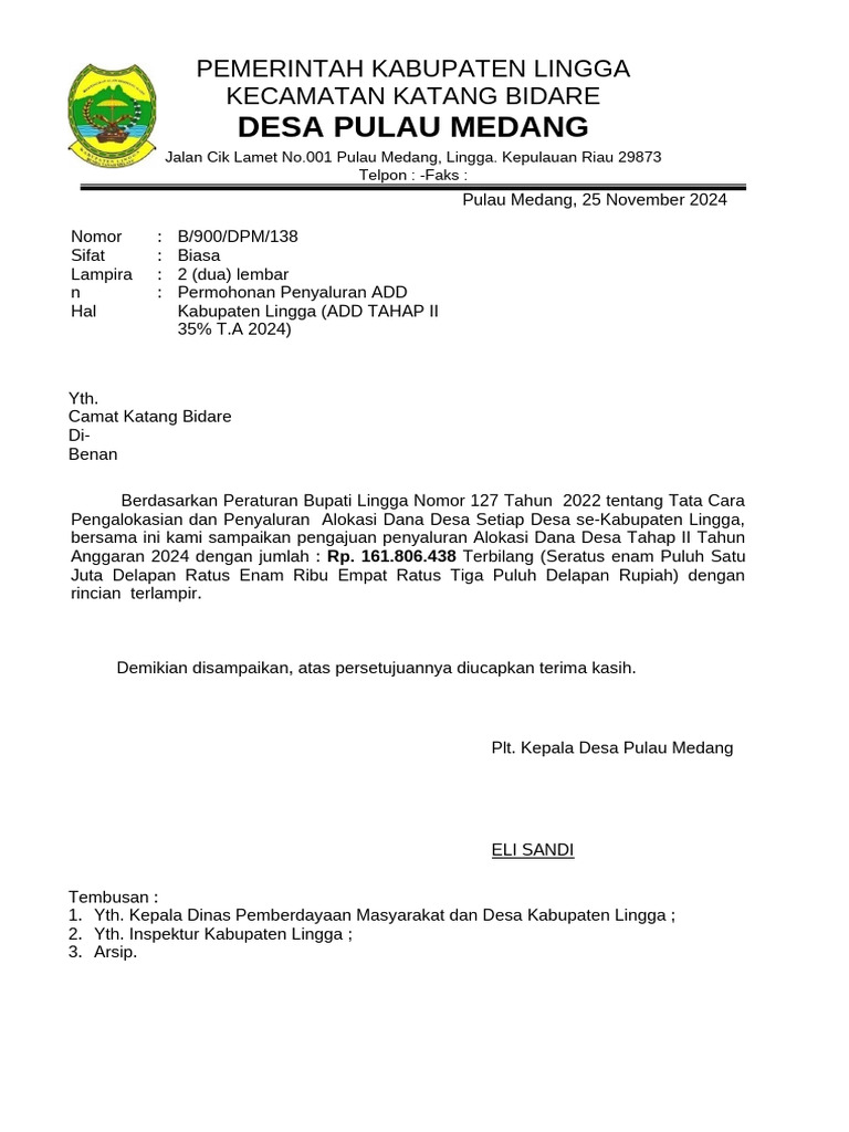 Surat Permohonan Pencairan Add Tahap II 2024 Camat Ok | PDF