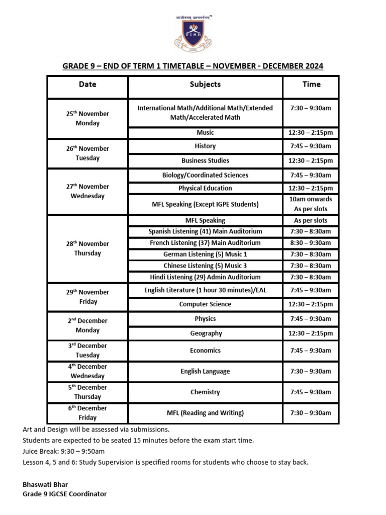 Grade 9 November 2024 Timetable | PDF