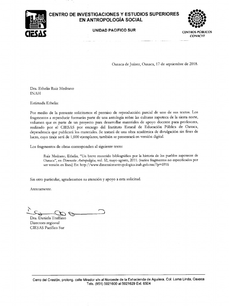 Zapotecos Biblio. Oficio Solicitud Permiso Publicacion Trabajo | PDF