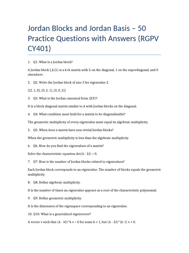 Jordan Blocks Practice 50 QA RGPV | PDF | Eigenvalues And Eigenvectors ...