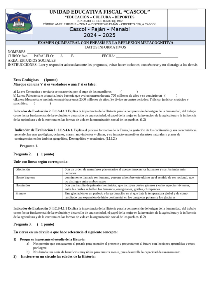 Examen Quimestre 1 Eess 8vo | PDF | Humano | Era de Hielo