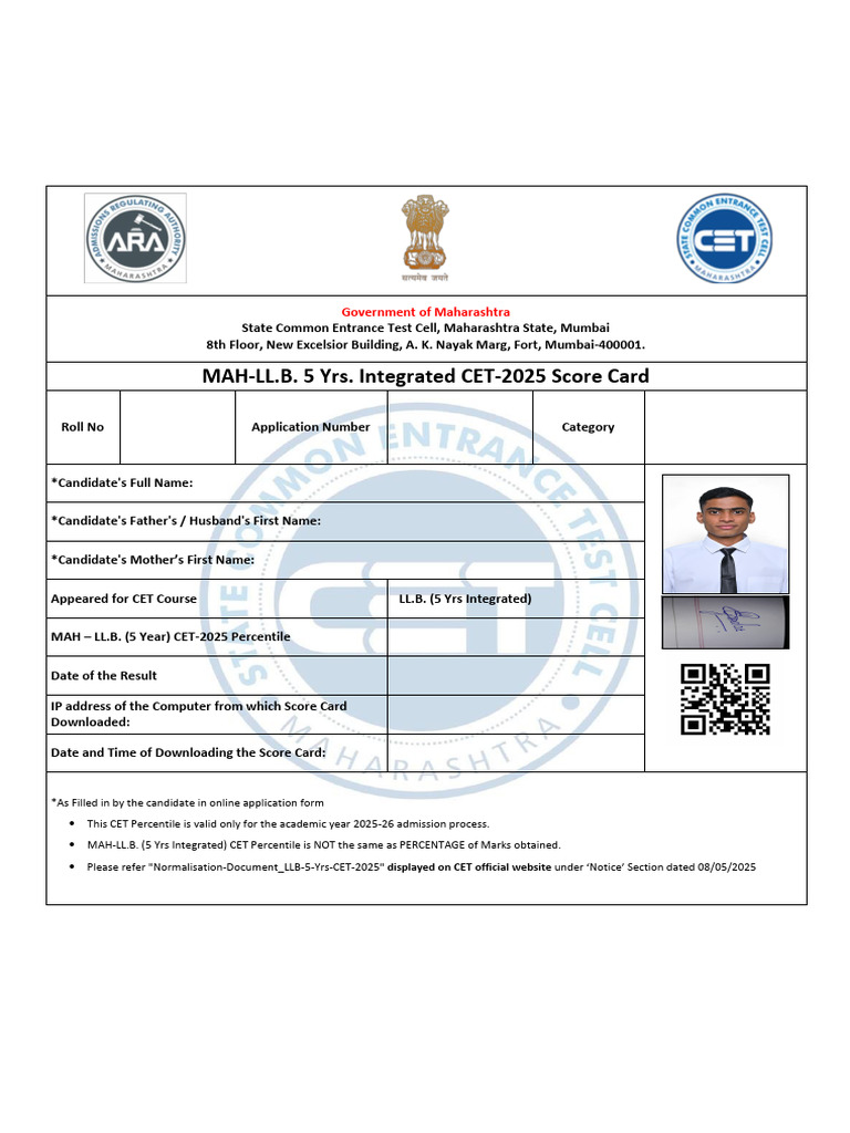 MAH-LL.B. 5 Yrs. Integrated CET-2025 Score Card: Government of ...