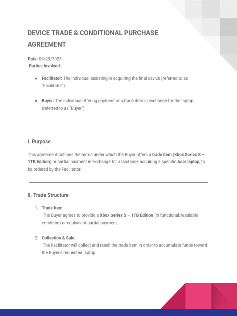 Device Trade Agreement for Laptop Purchase | PDF | Procurement | Business