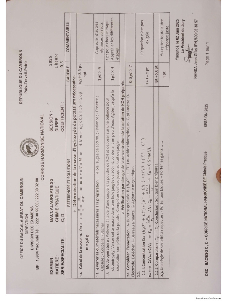 Corrigé National Chimie TP Bac 2025 | PDF