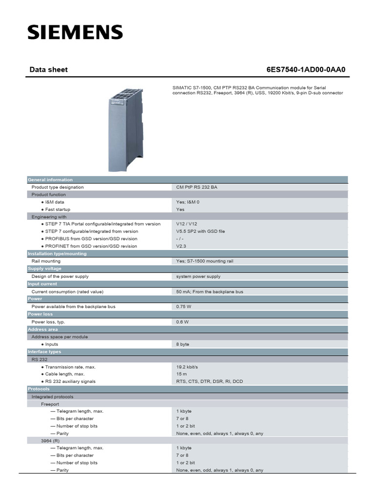 SIMATIC S7-1500 RS232 Module Data Sheet | PDF | Computer Hardware ...